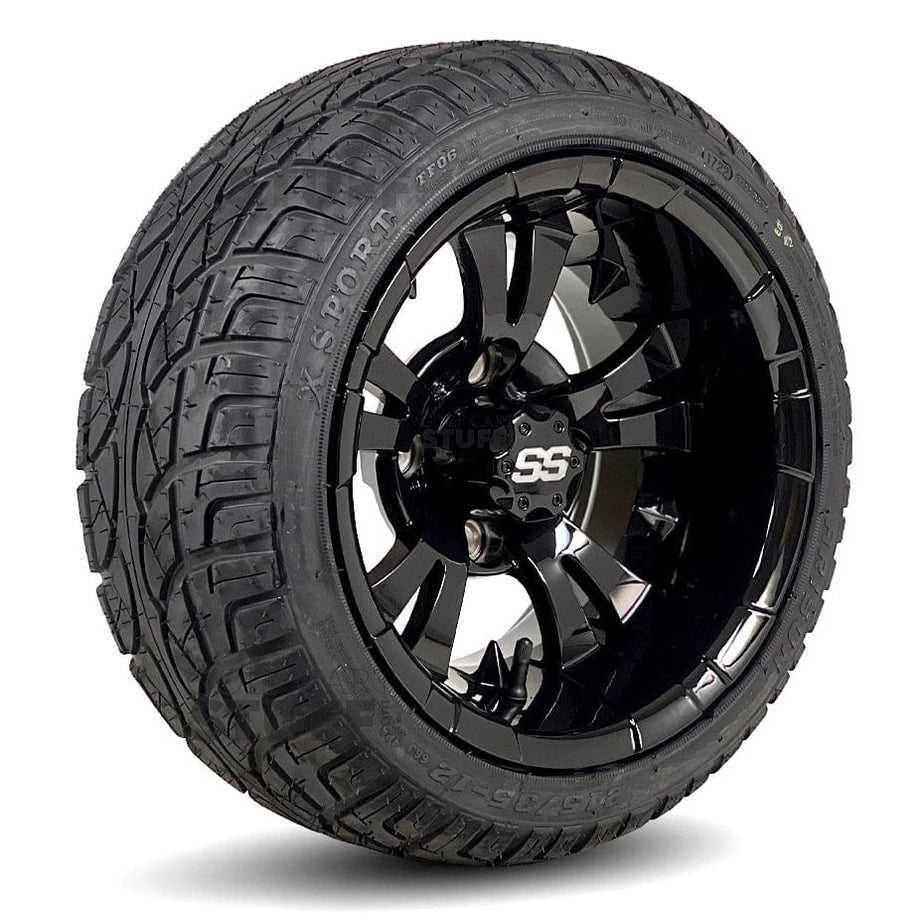 12" Vampire Gloss Black Golf CArt Wheels and 215/35-12 Low-Profile Str ...