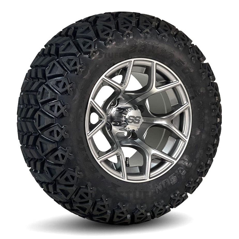 12" Rally Gunmetal Gray/Machined Golf Cart Wheels and All Terrain Tire ...