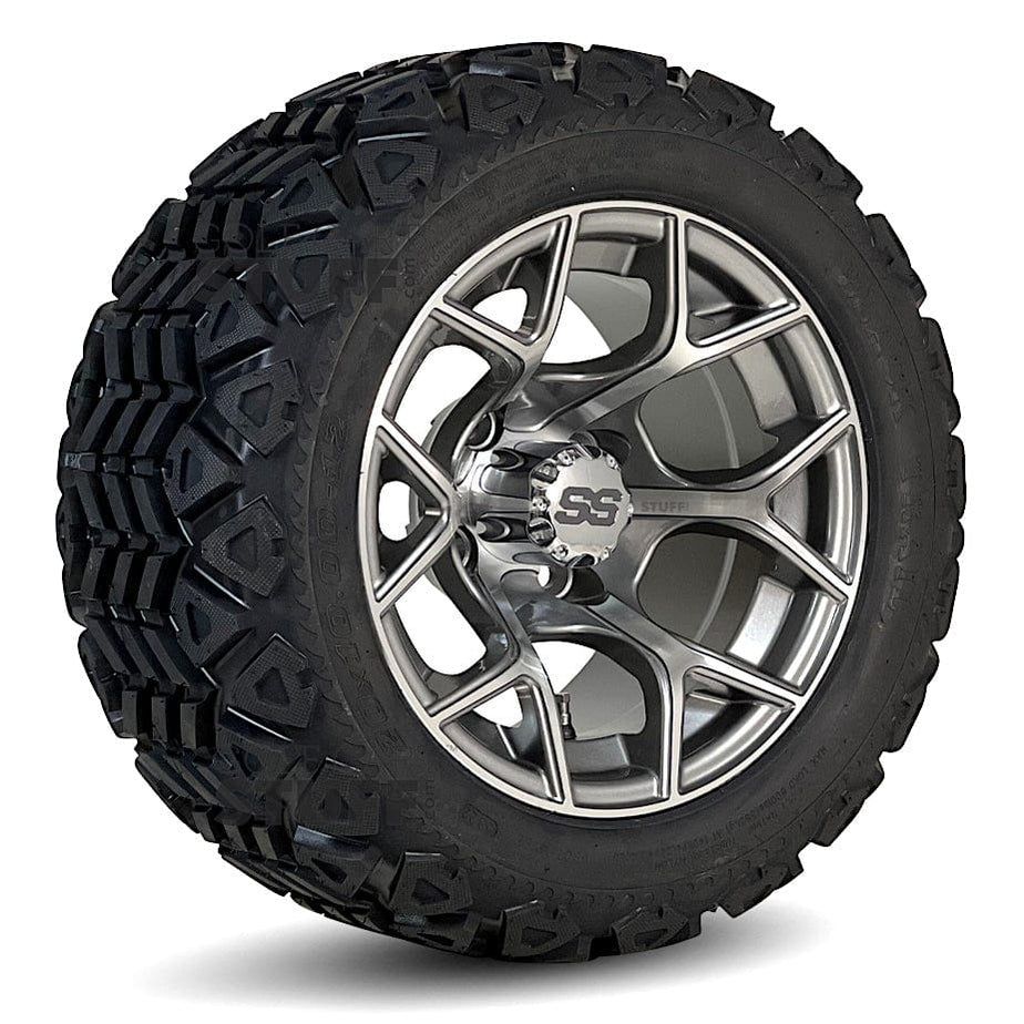 12" Rally Gunmetal Gray/Machined Golf Cart Wheels and All Terrain Tire ...