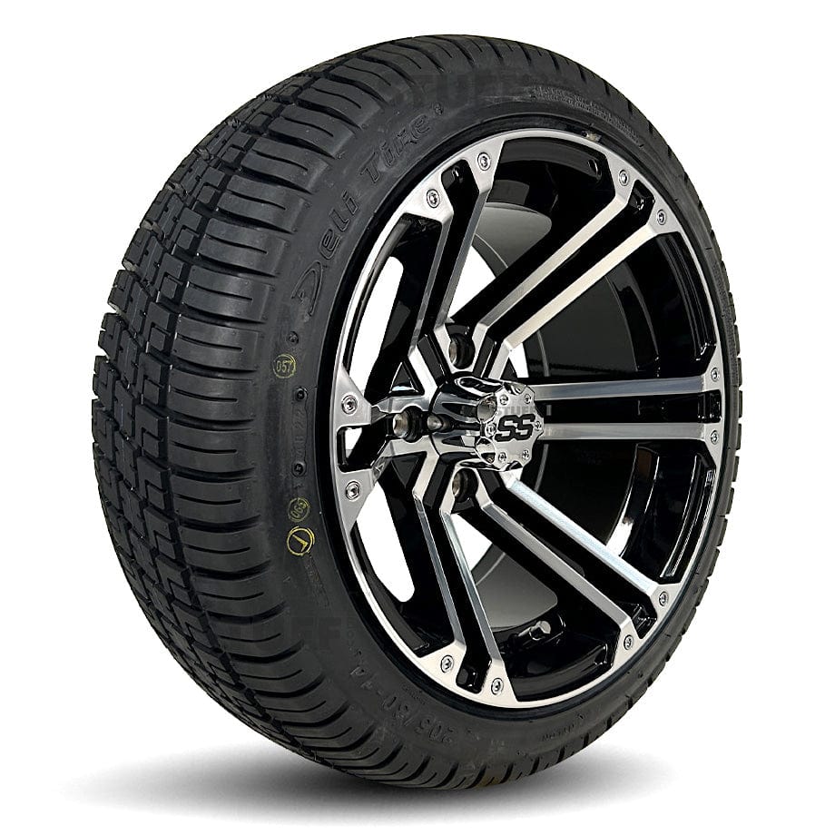 14" Terminator Machined/Black Aluminum Golf Cart Wheels and 205/30-14 ...