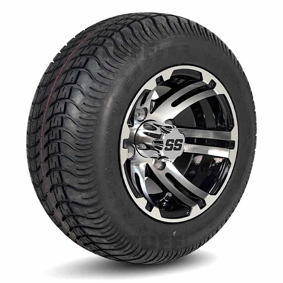 10" Bulldog Black/Machined Aluminum Golf Cart Wheels and 205/50-10 DOT ...