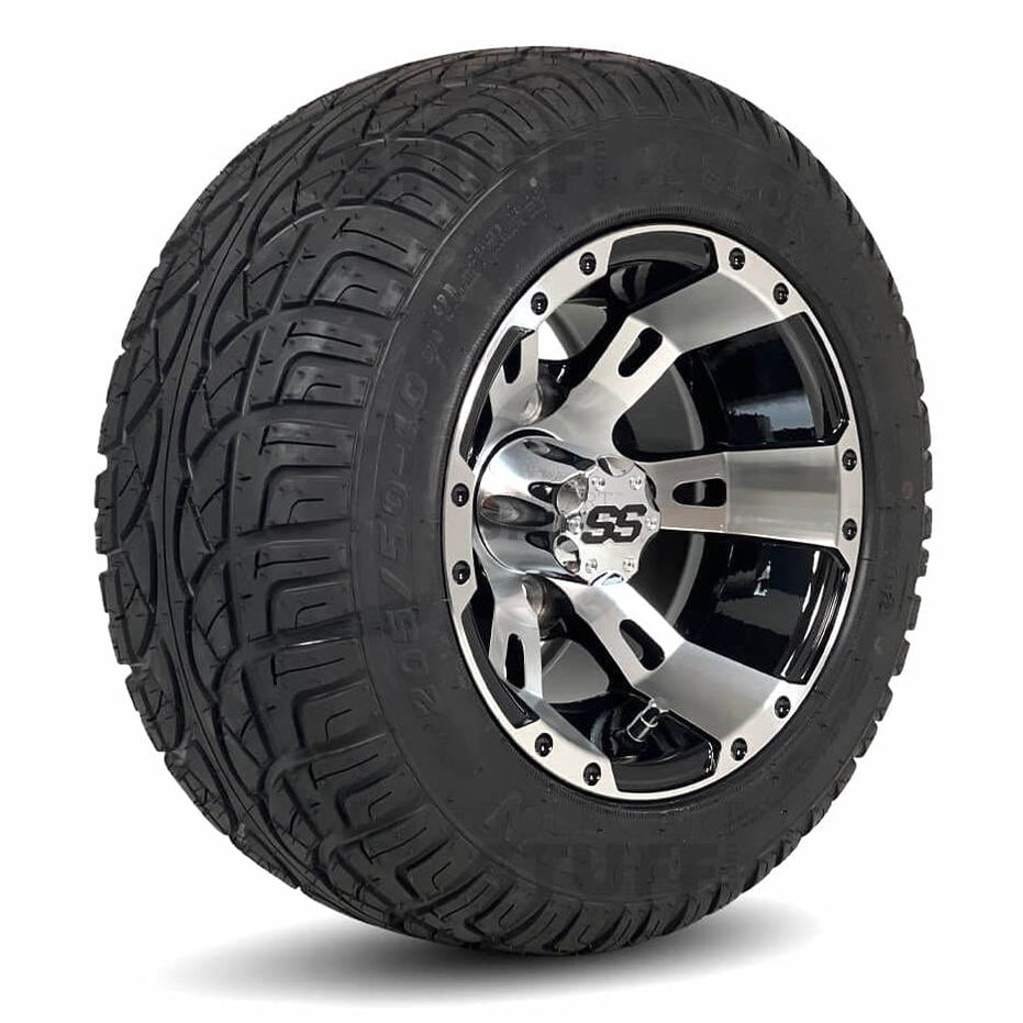 10" Stallion Black/Machined Aluminum Golf Cart Wheels and 205/50-10 DO ...