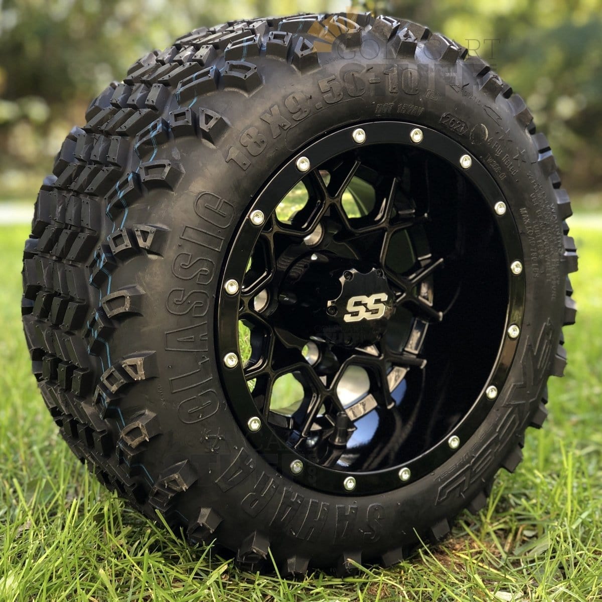 10" Matrix Gloss Black Aluminum Golf Cart Wheels and 18" All Terrain O ...