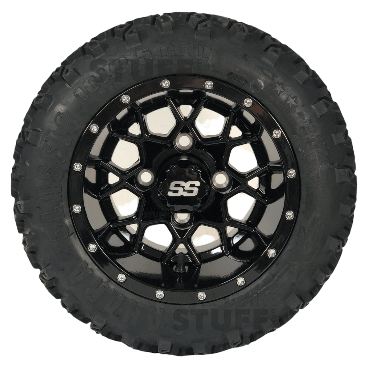 10" Matrix Gloss Black Aluminum Golf Cart Wheels and 18" All Terrain O ...