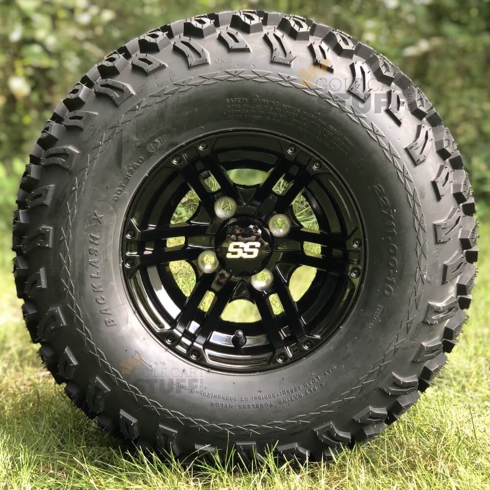 10" Terminator Gloss Black Aluminum Golf Cart Wheels and 22x11-10 Back ...