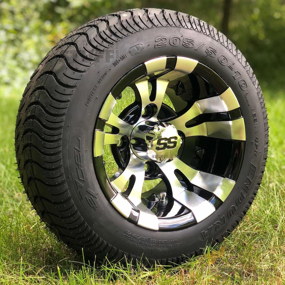 10" Vampire Black/Machined Aluminum Golf Cart Wheels and 205/50-10 DOT ...