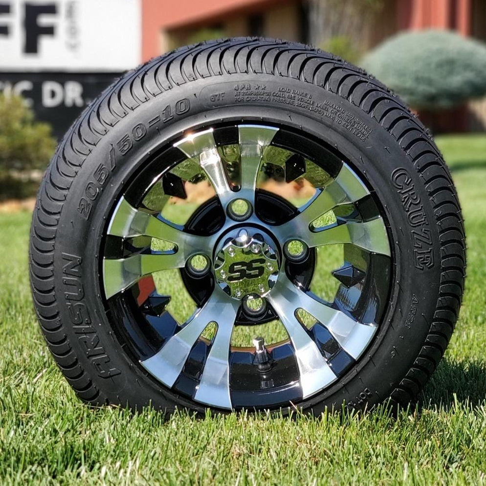 10" Vampire Black/Machined Golf Cart Wheels - 10"x7" ET-15 Offset ...