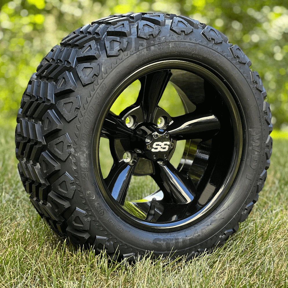 12" Godfather Gloss Black Golf Cart Wheels and All Terrain Tires Combo ...
