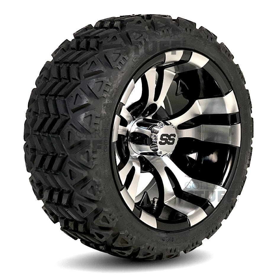 12" Vampire Black/Machined Aluminum Golf Cart Wheels and 18" All Terra ...