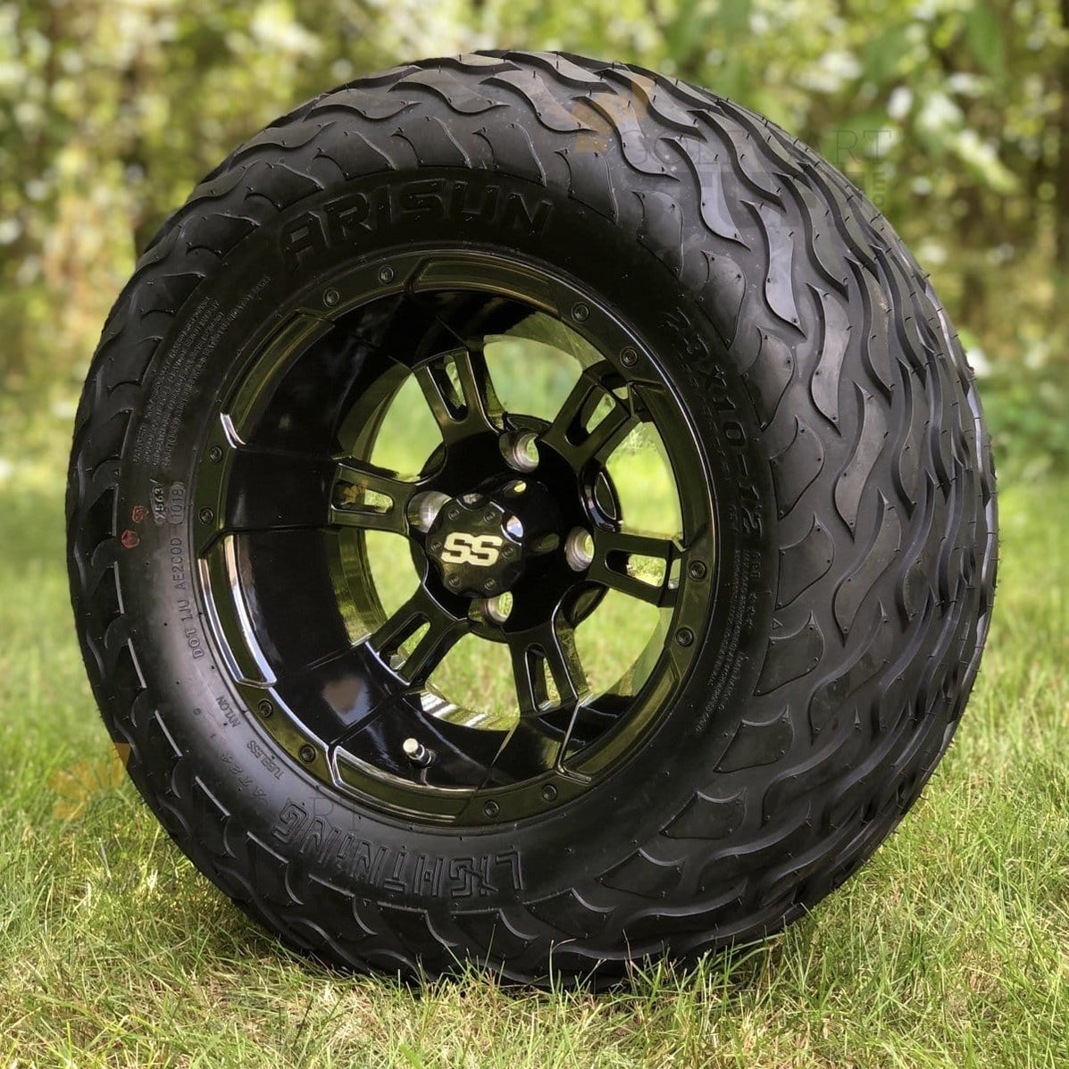 12" Stallion Gloss Black Aluminum SS Golf Cart Wheels and 23" ARISUN L ...