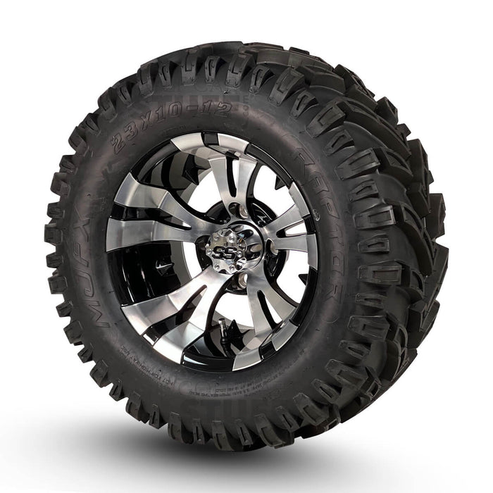 12" Vampire Black/Machined Aluminum Golf Cart Wheels and 23x10-12 MJFX — GOLFCARTSTUFF.COM™