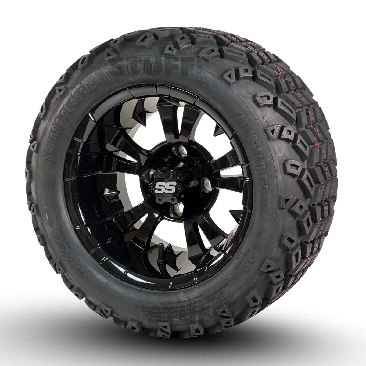 12" Vampire Gloss Black Aluminum Golf Cart Wheels and 20x10-R12 Sahara ...