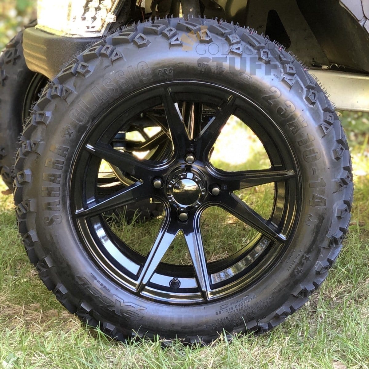 14" Apollo Gloss Black Aluminum Golf Cart Wheels and 23x10-14 Excel Sa ...
