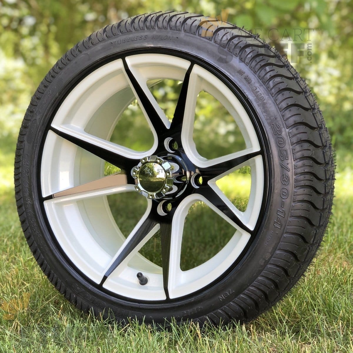 14" Apollo White/Black Aluminum Golf Cart Wheels and 205/30-14 Low-Pro ...