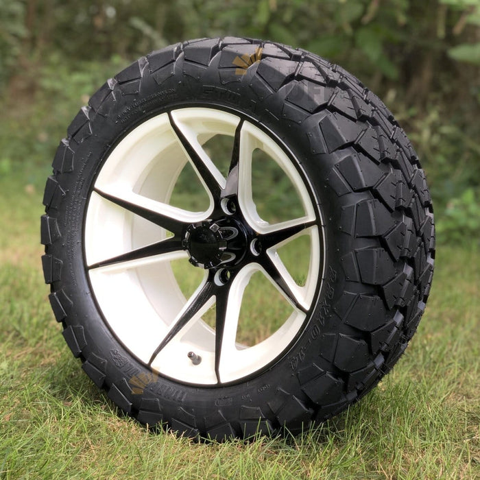 14" Apollo White/Black Aluminum Golf Cart Wheels and 22x10-14 Timberwo ...