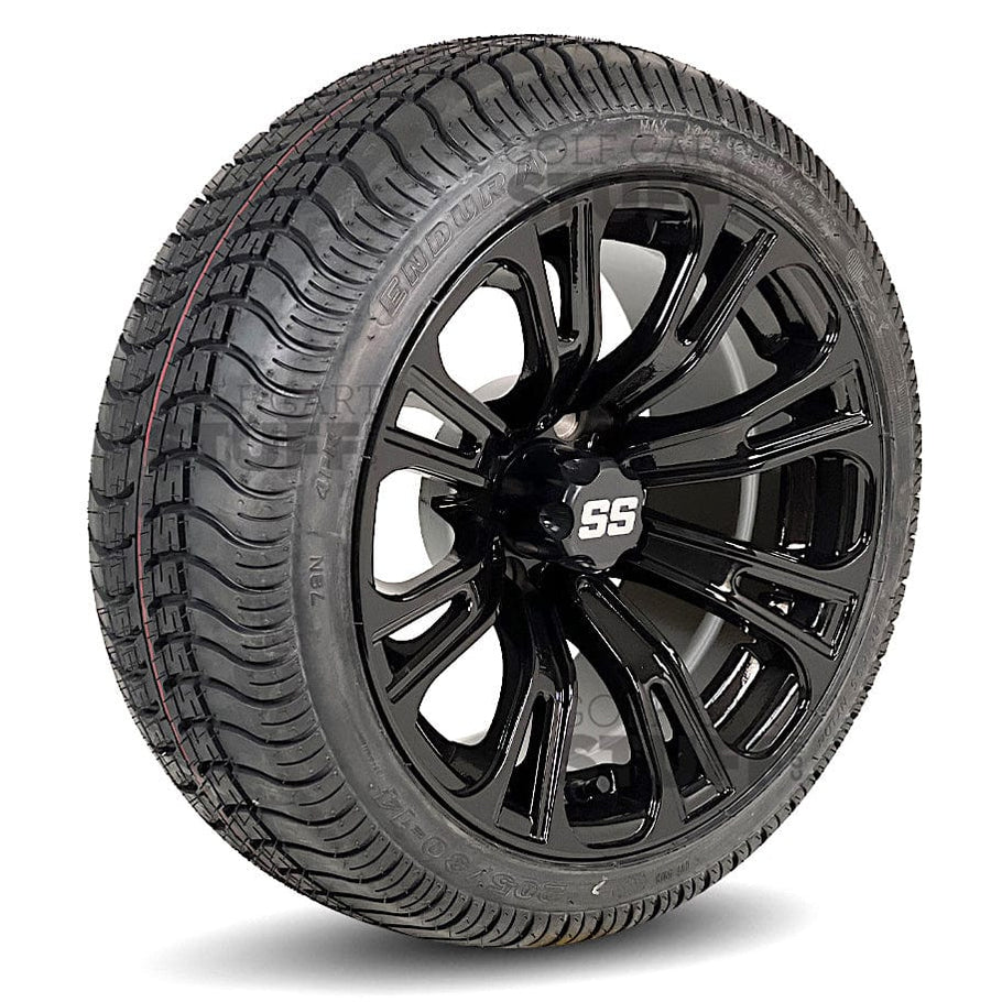 14" Voodoo Gloss Black Aluminum Golf Cart Wheels and 205/30-14 Low-Pro ...