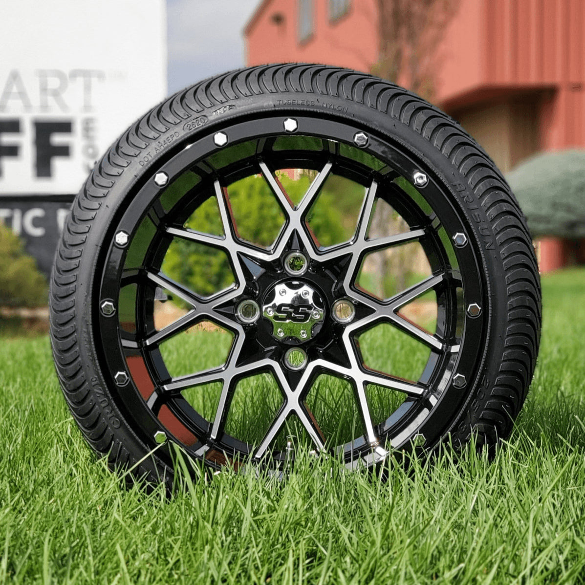 14" Matrix Machined/Black Aluminum Golf Cart Wheels and 205/30-14 Low ...