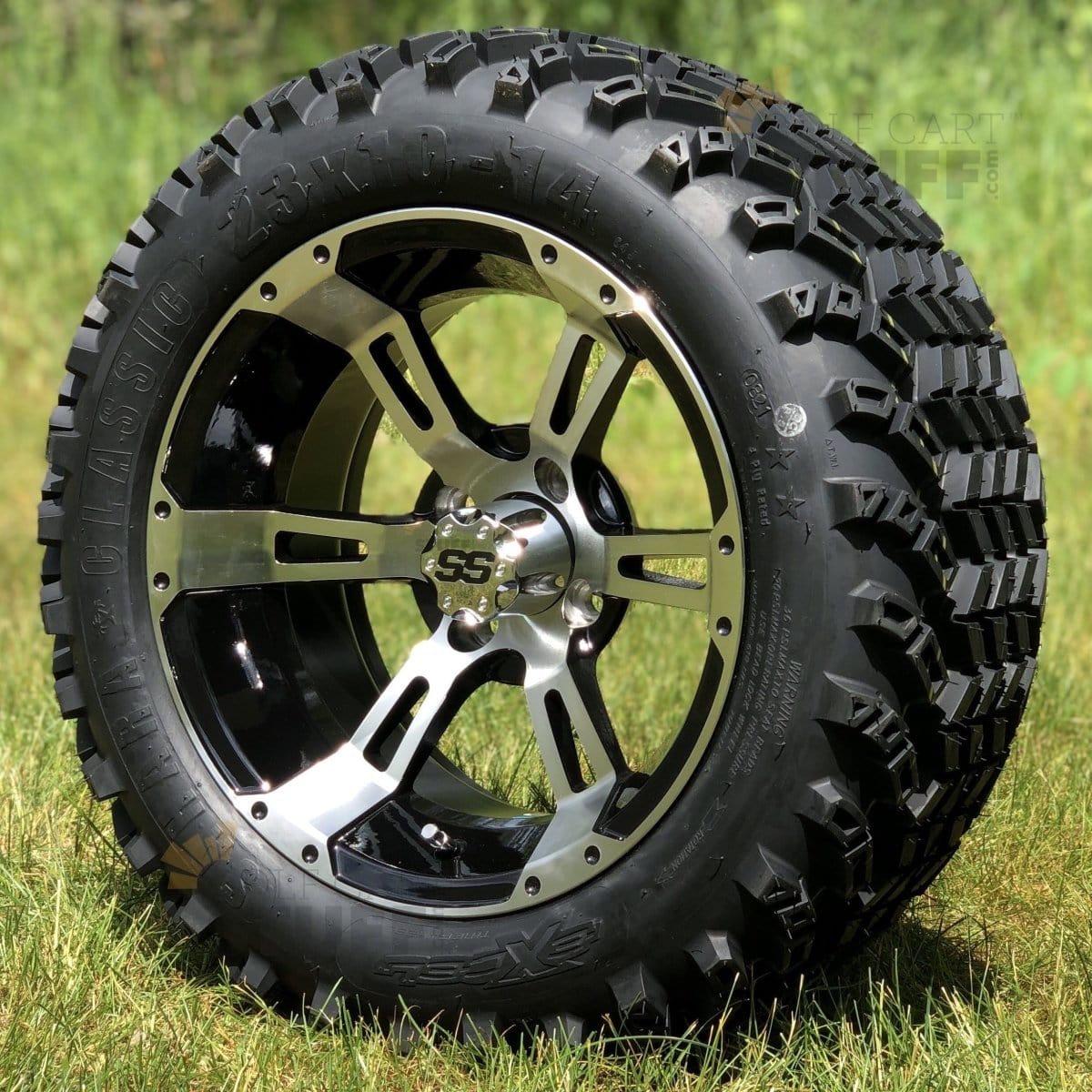 14" Stallion Black/Machined Aluminum Golf Cart Wheels and 23x10-14 Exc ...