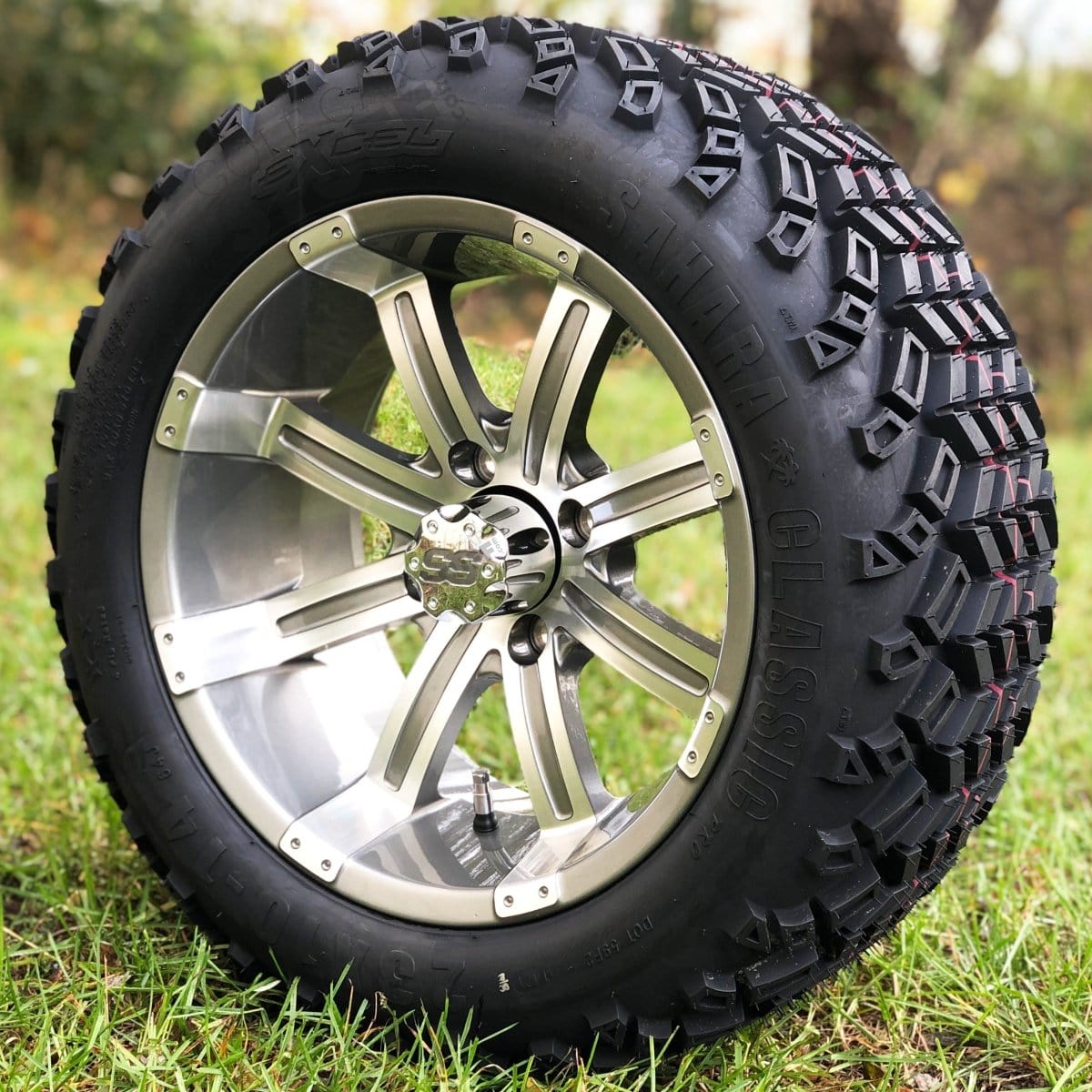 14" Tempest Gunmetal & Machined Golf Cart Wheels and 23x10-14 Excel Sa ...