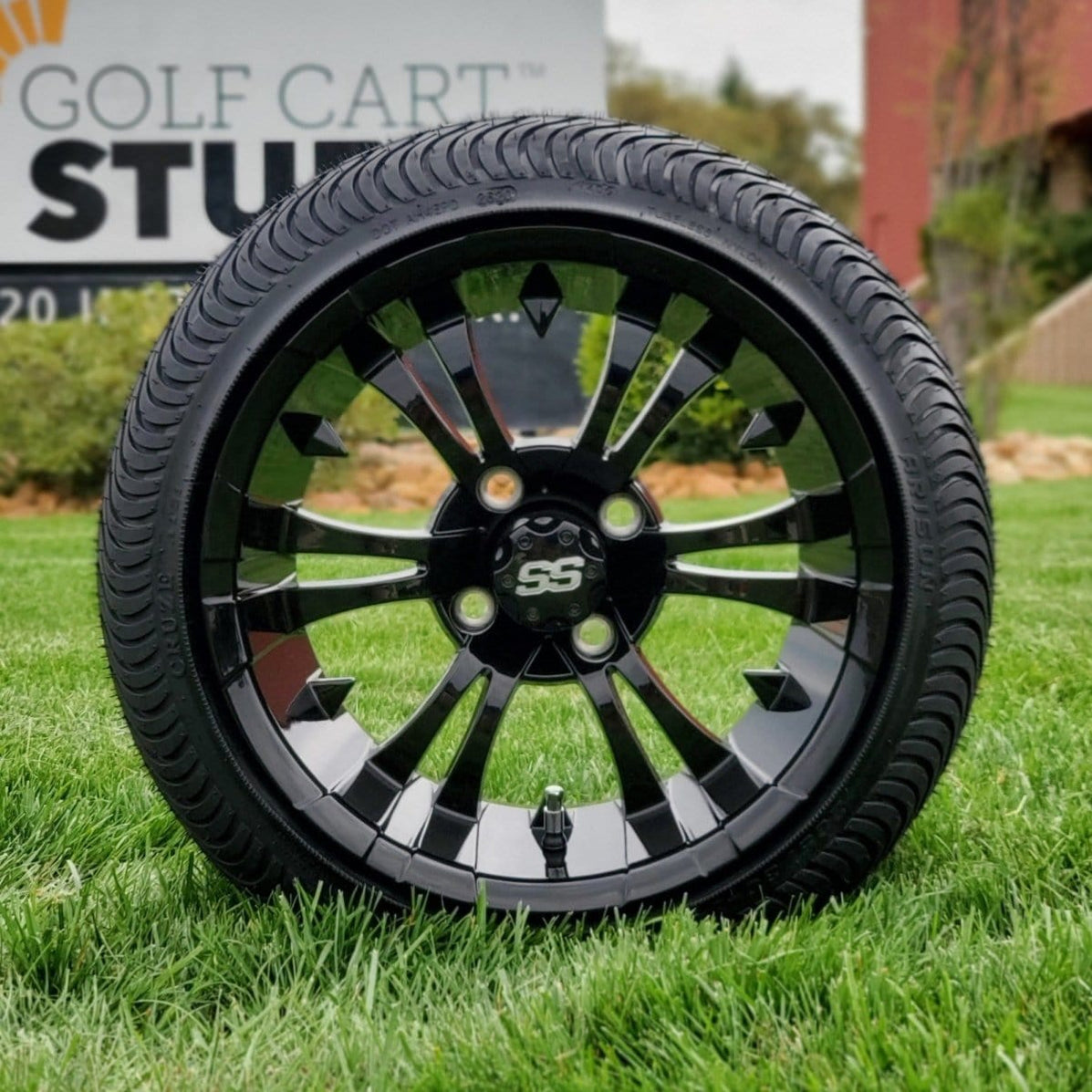 14" Vampire Gloss Black Aluminum Golf Cart Wheels and 205/30-14 Low-Pr ...